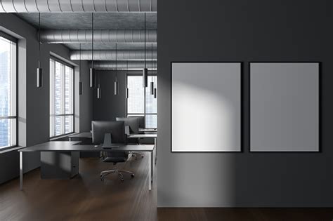 Pc 컴퓨터와 파노라마 창문이 있는 회색 사무실 인테리어 모형 프레임 0명에 대한 스톡 사진 및 기타 이미지 0명 3차원 형태 가구 Istock