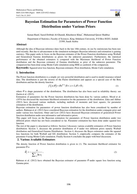 Pdf Bayesian Estimation For Parameters Of Power Function Distribution Under Various Priors