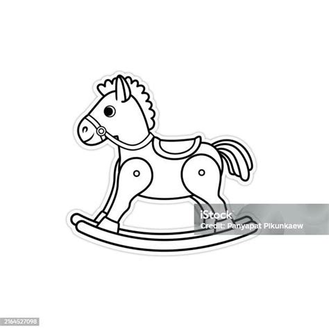 갈색 몸체와 녹색 로커와 고전적인 어린이 흔들 목마 장난감의 벡터 일러스트 레이 션 상상력 놀이 흑백 그림의 시간을 제공하는 아이들이 그림에 따라 색칠하는 법을 배울 수