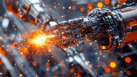 Robotic Arm Generating Orange Sparks In Futuristic Factory Stock Image Image Of Energy Power