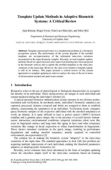 Pdf Template Update Methods In Adaptive Biometric Systems A Critical Review