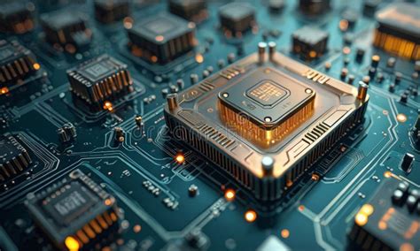 Close Up View Circuit Board Features Central Square Shaped Component Surrounded By Smaller
