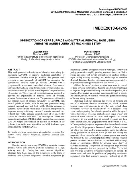 Pdf Optimization Of Kerf Surface And Material Removal Rate Using Abrasive Water Slurry Jet