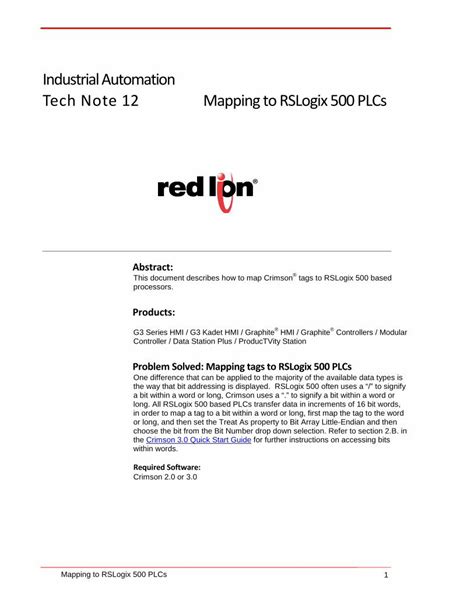 Pdf Mapping To Rslogix 500 Plcs Red Lion Connect Mapping To