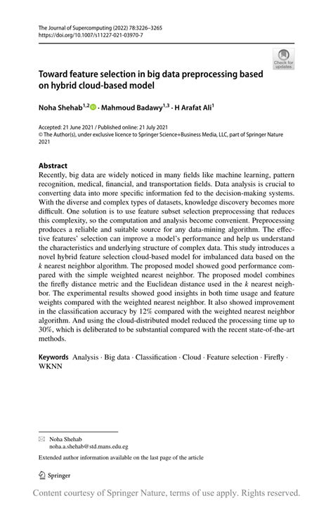 Toward Feature Selection In Big Data Preprocessing Based On Hybrid Cloud Based Model Request Pdf