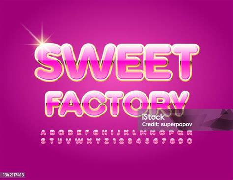 벡터 귀여운 로고 달콤한 공장 핑크와 골드 광택 알파벳 문자 와 숫자 세트 공장 산업 건물에 대한 스톡 벡터 아트 및 기타