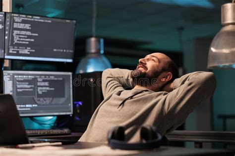 Happy Relaxed Developer Sitting Laid Back On Chair Stock Image Image Of Data Html 261086679