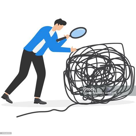 벡터 사업가가 큰 낙서 롤을 보고 돋보기를 들고 있습니다 문제의 근원을 찾는 사업가 문제 해결 개념 그림 감정에 대한 스톡 벡터