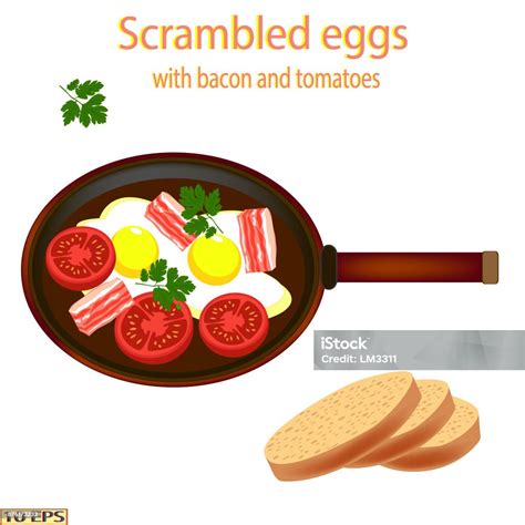 베이컨과 팬 클로즈업에 토마토와 튀긴 계란 베이컨 스크램블 계란입니다 벡터 0명에 대한 스톡 벡터 아트 및 기타 이미지 0명