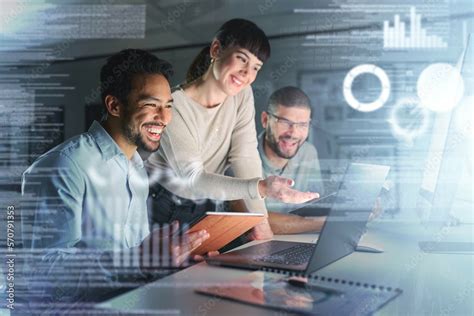 Teamwork Laptop Hologram And People Success In Data Analytics Cyber Security Research And