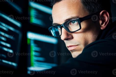 Focused Programmer Analyzing Data On Multiple Screens In A Dimly Lit
