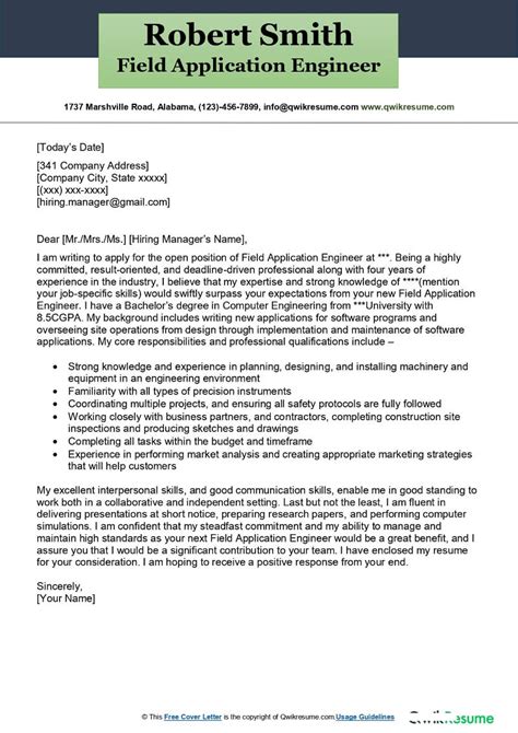 Field Application Engineer Cover Letter Examples Qwikresume
