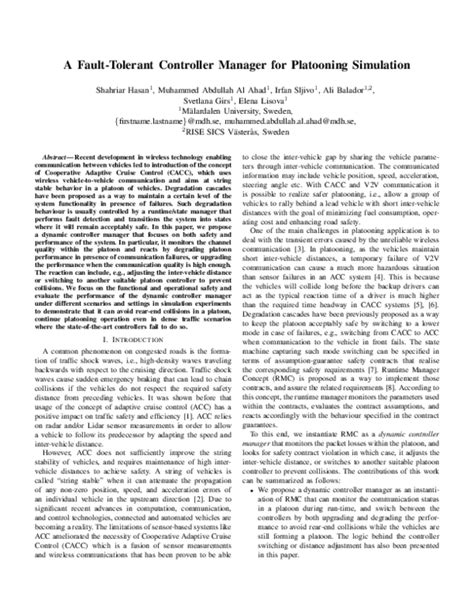 Pdf A Fault Tolerant Controller Manager For Platooning Simulation