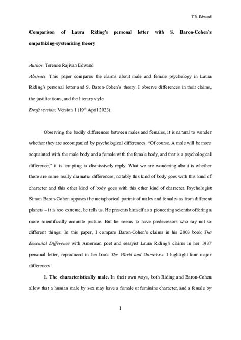 Pdf Comparison Of Laura Ridings Personal Letter With S Baron Cohen