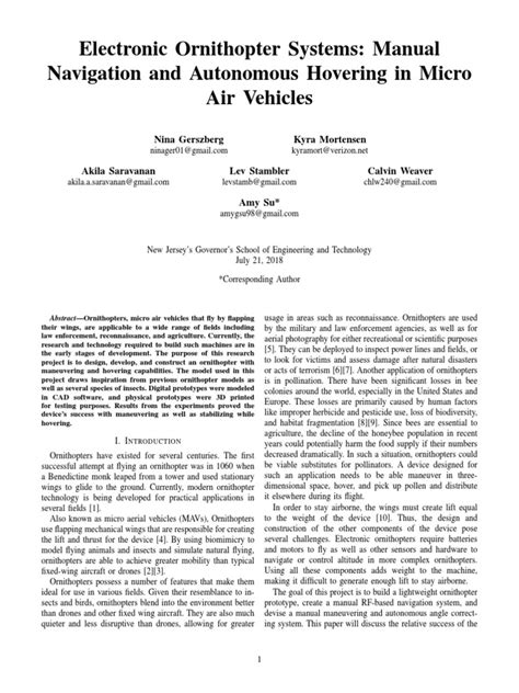 Electronic Ornithopter Systems Manual Navigation And Autonoumous Hovering In Micro Air Vehicles
