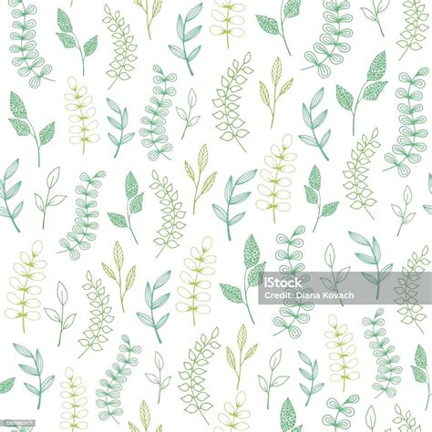 다른 잎 가지 잔디의 손으로 그려진 장식 원활한 패턴 플로럴 세트 요소 인사말 카드 초대장 벽지 포장지에 대한 귀여운 윤곽 낙서 스케치 그림 개체 그룹에 대한 스톡 벡터