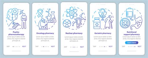 약국 분기 온보딩 모바일 앱 페이지 화면 벡터 템플릿입니다 핵 및 종양학 약물 연구 선형 일러스트레이션이 있는 웹 사이트 연습 단계입니다 Ux Ui Gui 스마트폰