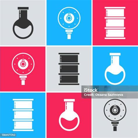 테스트 튜브 및 플라스크 모터 가스 게이지 및 배럴 오일 아이콘을 설정합니다 벡터 계기판 측정기에 대한 스톡 벡터 아트 및 기타