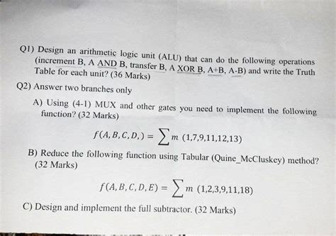 Solved Q1 Design An Arithmetic Logic Unit Alu That Can Do