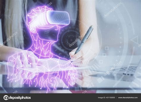 ar hologram over hands taking notes background concept of augmented reality double exposure
