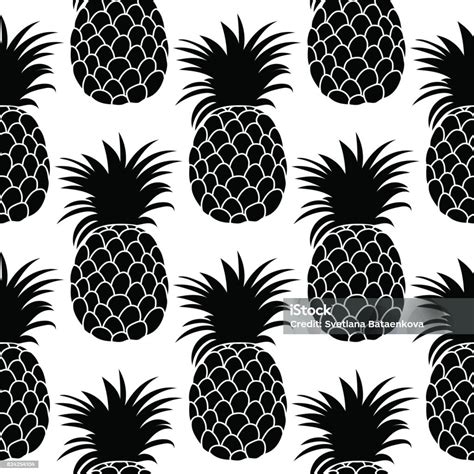 파인애플 배경입니다 귀여운 파인애플 완벽 한 패턴입니다 인쇄 전 열 대 여름입니다 판화 일러스트레이션 기법에 대한 스톡 벡터 아트 및 기타 이미지 판화 일러스트레이션