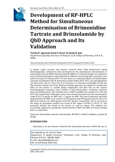 Pdf Development Of Rp Hplc Method For Simultaneous Determination Of Brimonidine Tartrate And