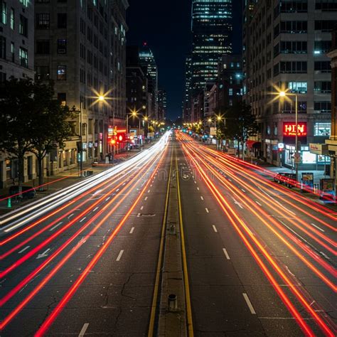 Nighttime City Street With Light Trails From Moving Vehicles Creating