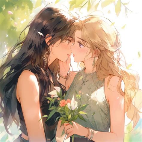Anime Lesbian Couple Kissing Stock Illustration Illustration Of