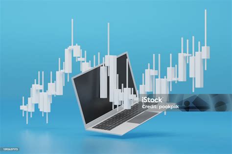 노트북 컴퓨터 및 캔들 스틱 차트는 주식 시장 또는 암호 해독 다이어그램 3d 렌더링의 상하 추세를 보여줍니다 개념에 대한 스톡 사진 및 기타 이미지 Istock
