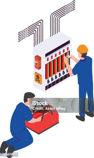 주 배전반 발전소 등각 투영 개념 벡터 아이콘 디자인 전기 엔지니어 기호 배선 전문가 기호의 건물 스위치 패널에서 정전을 제어 등측투영법에 대한 스톡 벡터 아트 및 기타