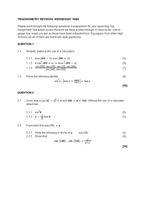 Gr 11 Trig Revision Wed 19 04 TRIGONOMETRY REVISION WEDNESDAY 19 Please Work Through The