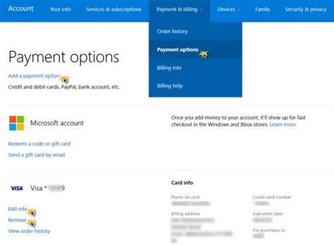 add edit payment method remove credit card in microsoft store