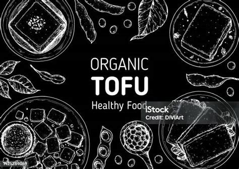 두부 상단보기 프레임 손으로 그린 벡터 일러스트레이션 두부 스케치 아시아 음식 콩 스케치 두부 요리 비건 음식 빈티지 디자인 템플릿 제품 디자인 포장 조리법 책 메뉴에