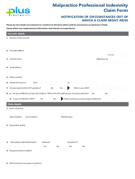 Fillable Online Malpractice Professional Indemnity Claim Form Plus
