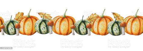 호박 가을 참나무 잎 버섯이 분리된 수채화 물감 매끄럽게 경계를 이룹니다 추수감사절 디자이너를 위한 할로윈 일러스트레이션 스크랩북 디자이너 엽서 파티 초대장 포장지 표지