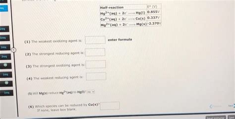 Solved 1 The Weakest Oxidizing Agent Is Enter Formula 2