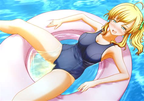 Rule 34 Blonde Hair Floatie Light Blush One Piece Swimsuit Peeing Peeing Into Water Peeing