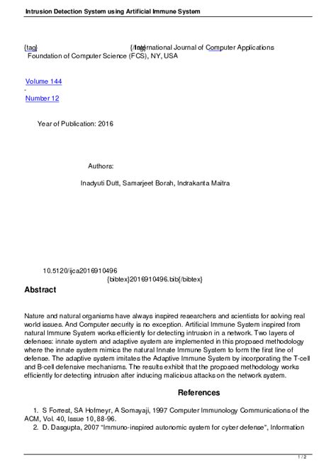 Pdf Intrusion Detection System Using Artificial Immune System