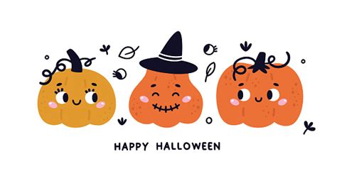 해피 할로윈 귀여운 벡터 클립 아트 만화 호박 별 플랫 스타일로 나뭇잎 할로윈 글자 인용문 아이들을 위한 만화 할로윈 캐릭터