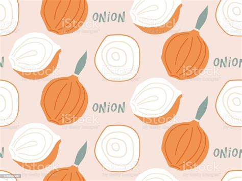 양파 손으로 그린 낙서와 원활한 패턴 전체 전구와 절반 향신료 유기농 식품 벽지 포장 포장 섬유에 대한 반복 배경 농산물 건강한