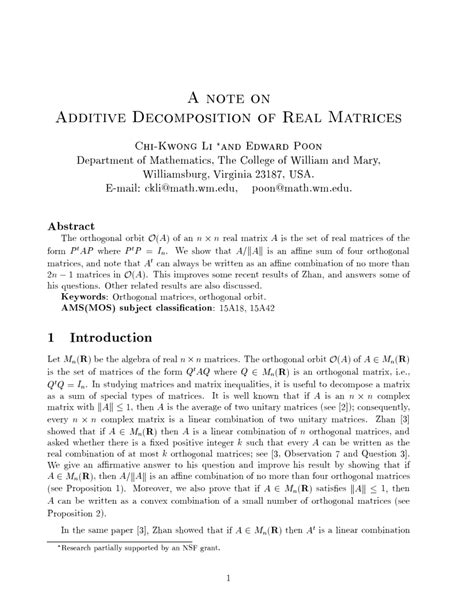 Pdf Additive Decomposition Of Real Matrices