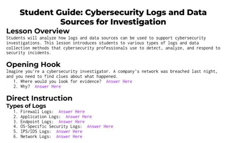 Lesson Plan Cybersecurity Logs And Data Sources For Investigation