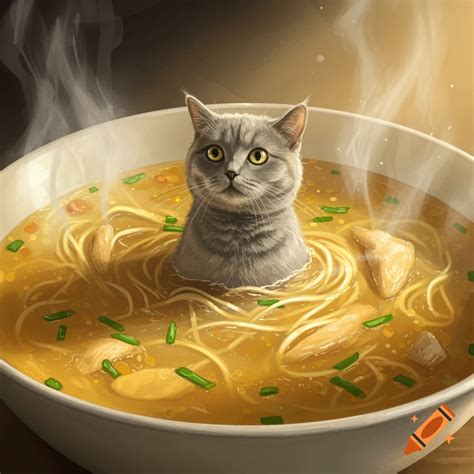 A Gray Cats Head And Shoulders Emerge From A Bowl Of Steaming Soup