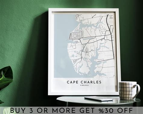 Cape Charles Virginia City Map Art Modern Black And White Print