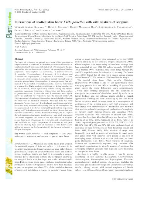 Pdf Interactions Of Spotted Stem Borer Chilo Partellus With Wild Relatives Of Sorghum