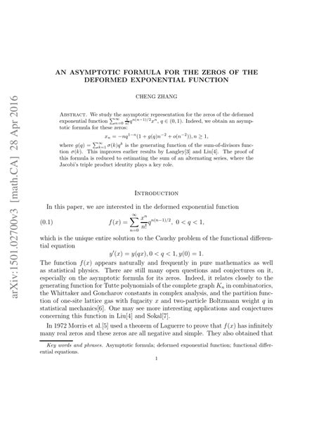 Pdf An Asymptotic Formula For The Zeros Of The Deformed Exponential