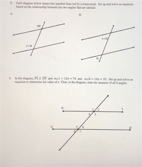 Solved Each Diagram Below Shows Two Parallel Lines Cut By A Transversal Set Up And Solve