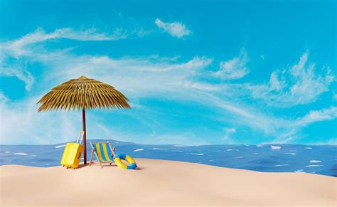 여행 가방 우산 구명 부표 해변 의자 우산 푸른 하늘 배경에 고립 된 해변과 여름 여행 Concept 3d 그림 또는 3d 렌더링 3차원 형태에 대한 스톡 사진 및 기타