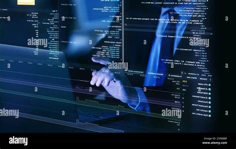 Close Up Of Hands On Laptop Keyboard Surrounded By Floating Translucent Layers Of Fictional