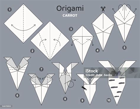 당근 종이 접기 계획 튜토리얼 이동 모델입니다 아이들을위한 종이 접기 0명에 대한 스톡 벡터 아트 및 기타 이미지 0명